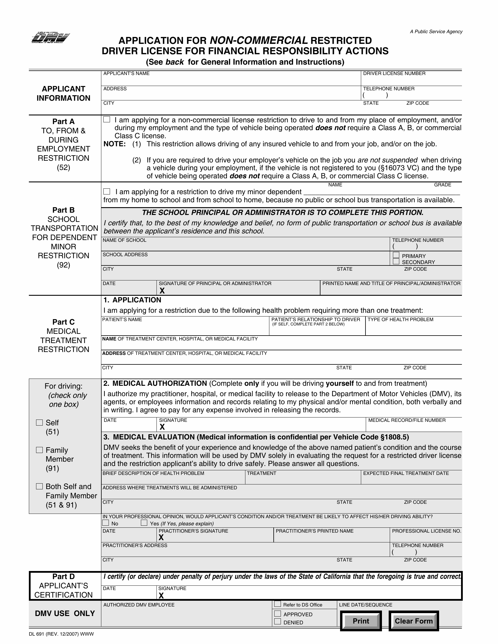 CA DMV Form DL 691 Application For Non Commercial Restricted Driver