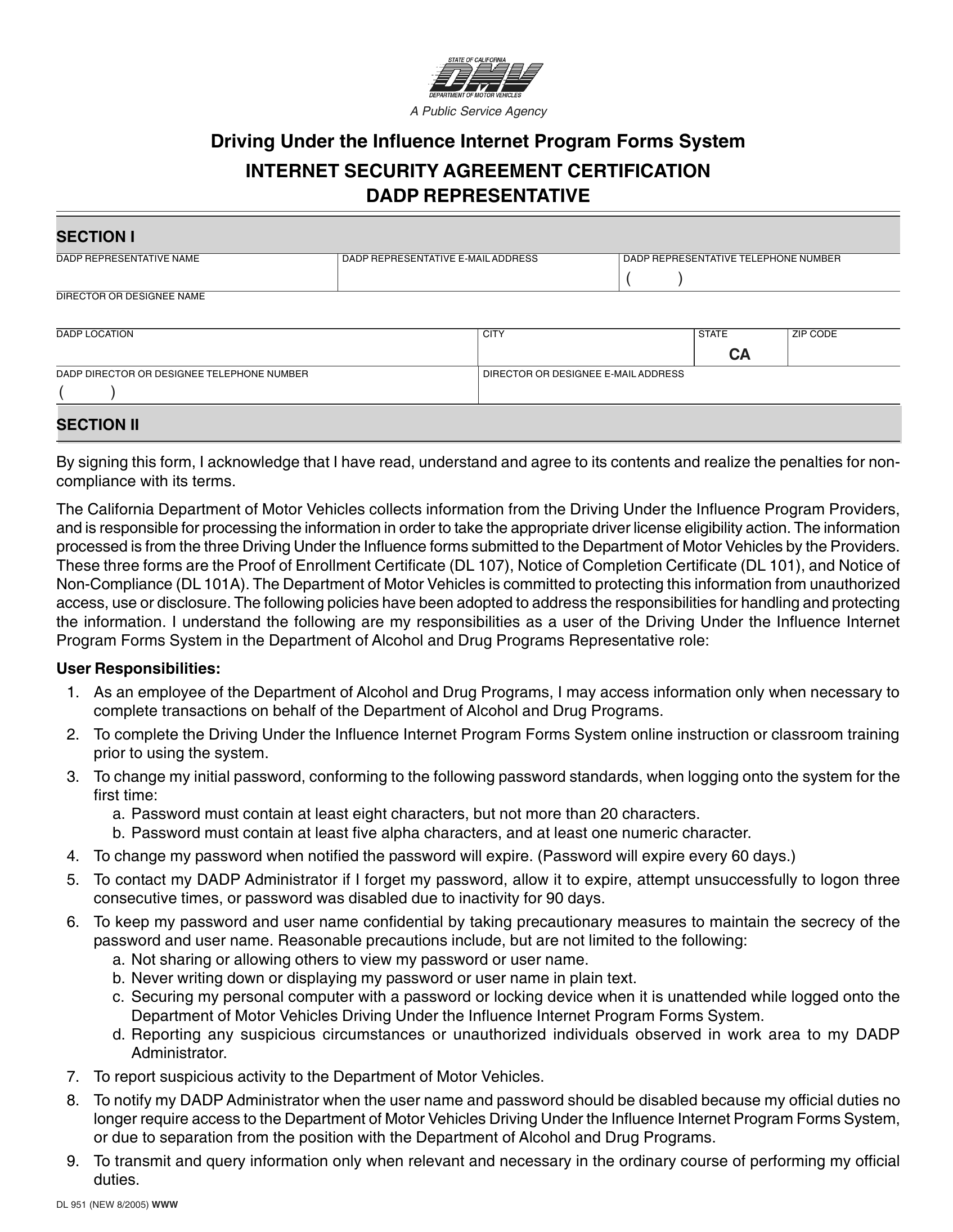 CA DMV Form DL 951 Internet Security Agreement Certification DADP