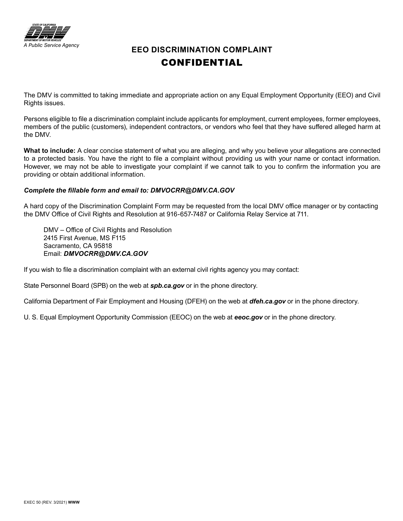 CA DMV Form EXEC 50 EEO Discrimination Complaint Confidential