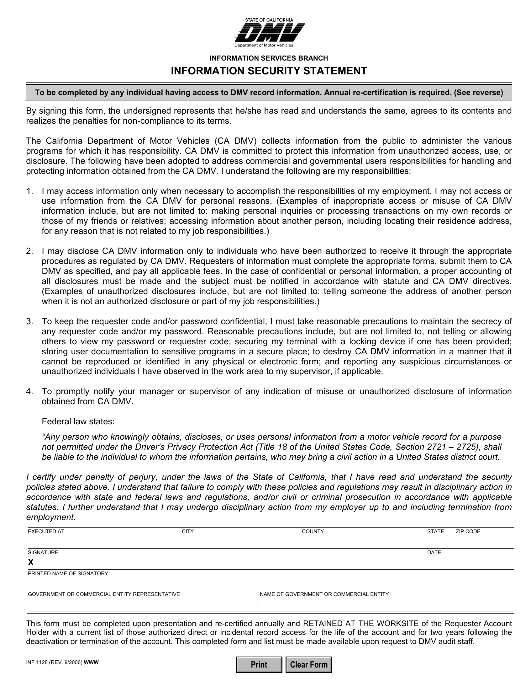 CA DMV Form INF 1128 Information Security Statement Forms Docs 2023