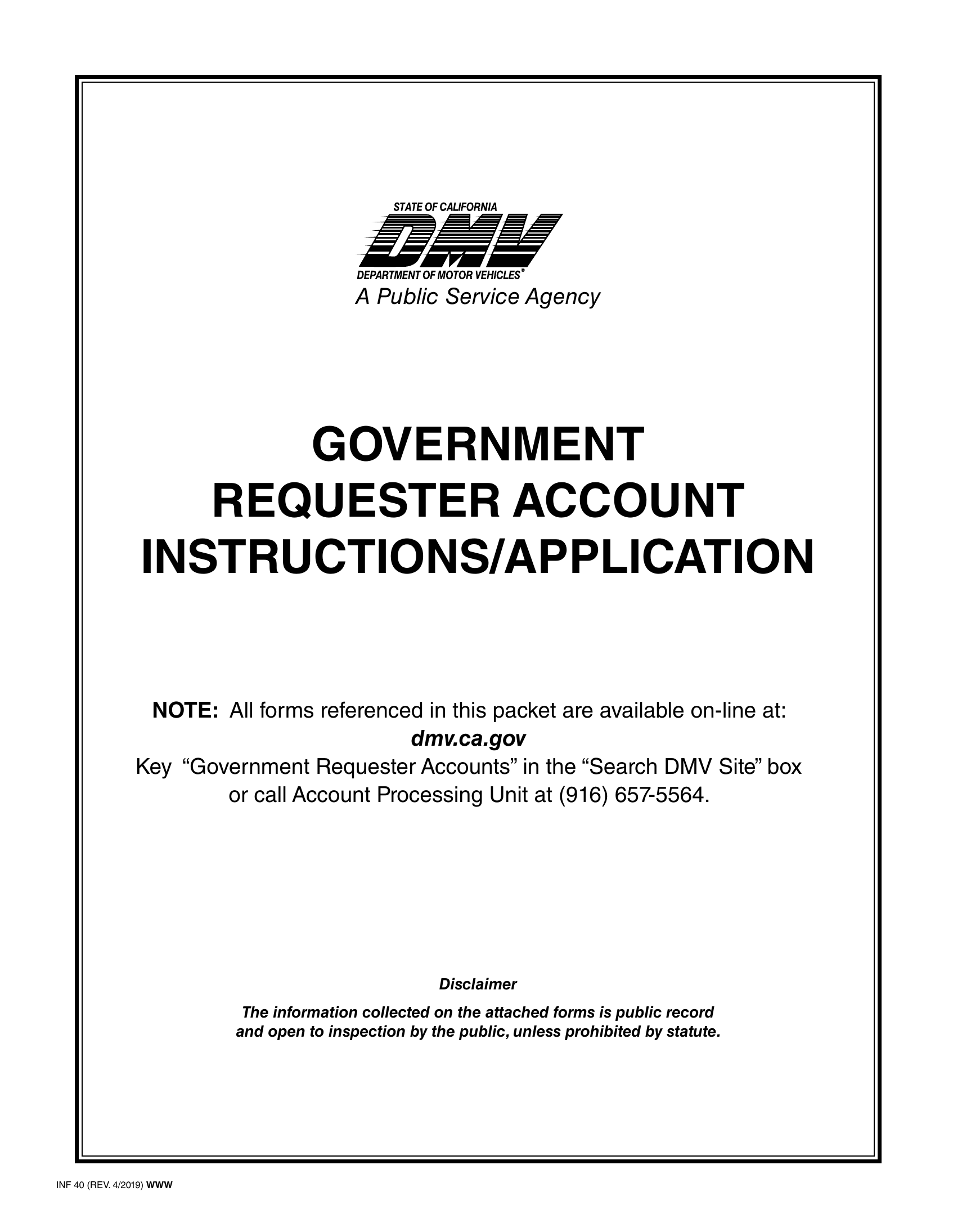 CA DMV Form INF 40 Government Requester Account Instructions