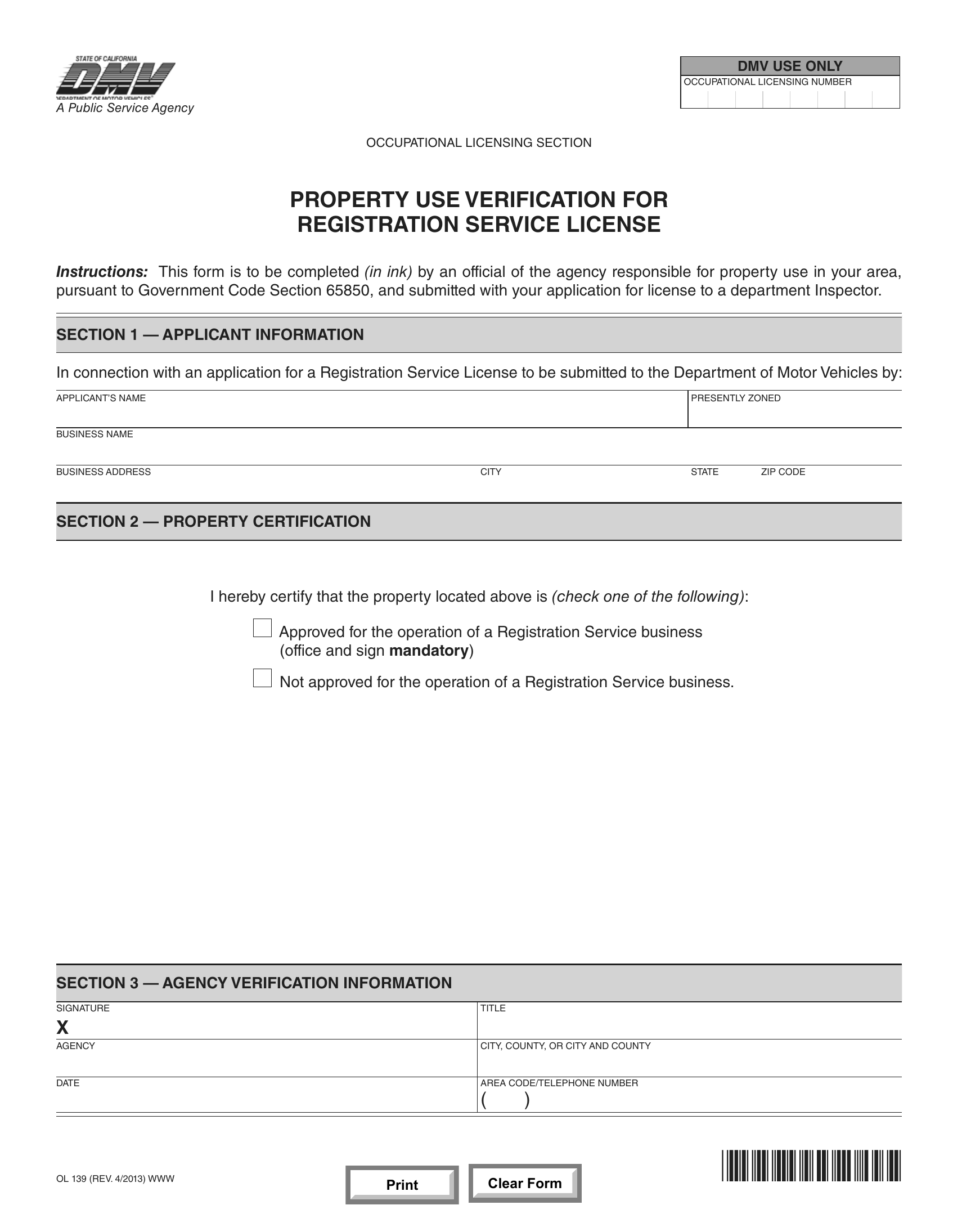 CA DMV Form OL 139 Property Use Verification For Registration Service