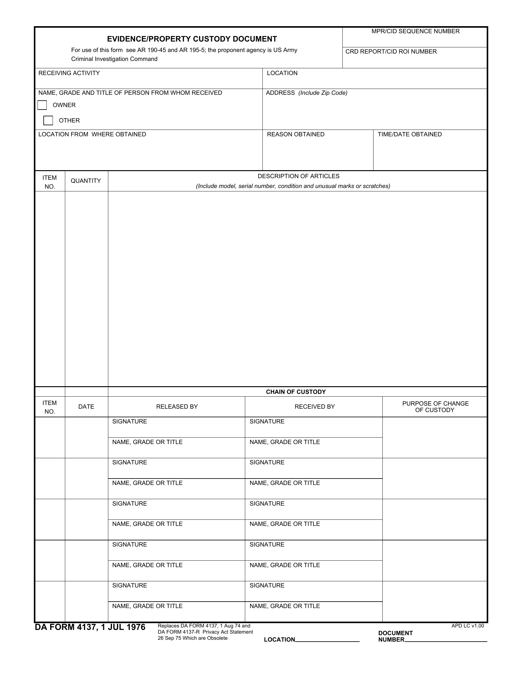 DA Form 4137 Evidence Property Custody Document Forms Docs 2023 DA Form 4137 Evidence Property Custody Document Forms Docs 2023