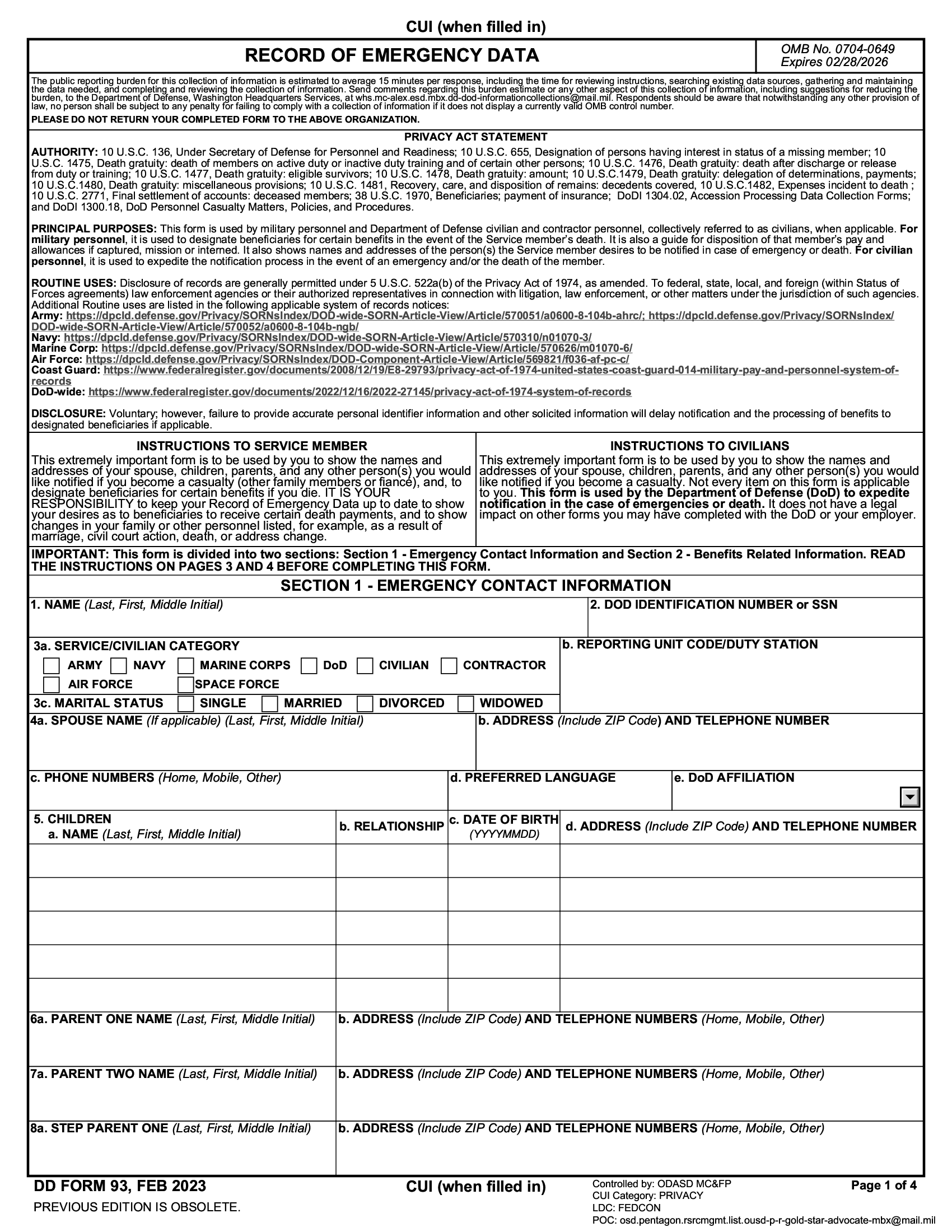 DD Form 93 Record Of Emergency Data Forms Docs 2023 DD Form 93 Record Of Emergency Data Forms Docs 2023