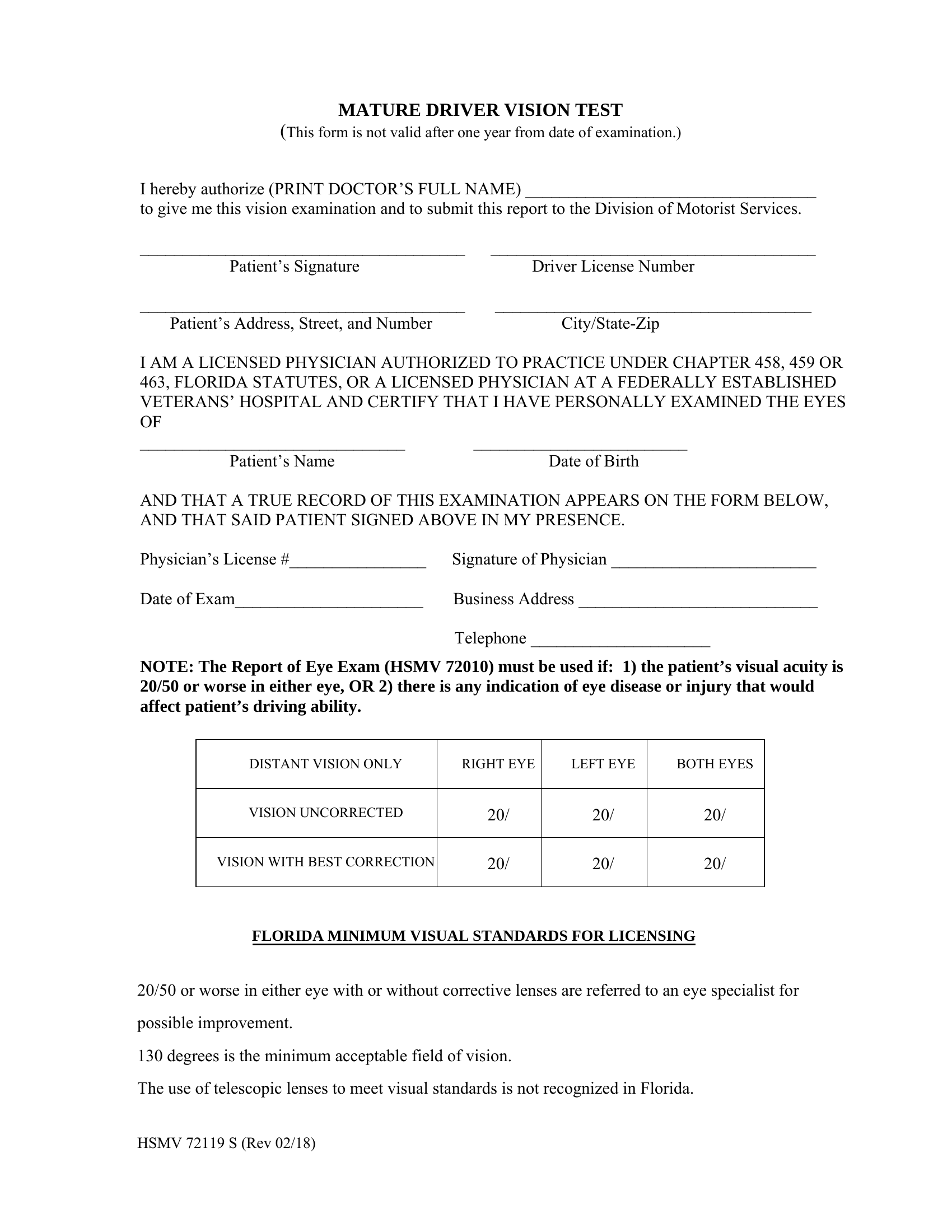 Form HSMV 72119 Mature Driver Vision Test Florida Forms Docs 2023