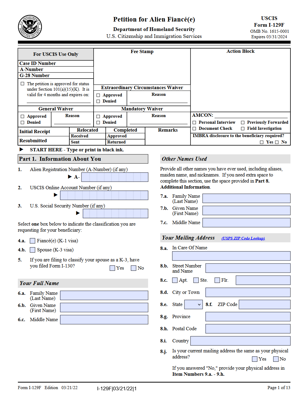 Form I 129F Petition For Alien Fianc e Forms Docs 2023