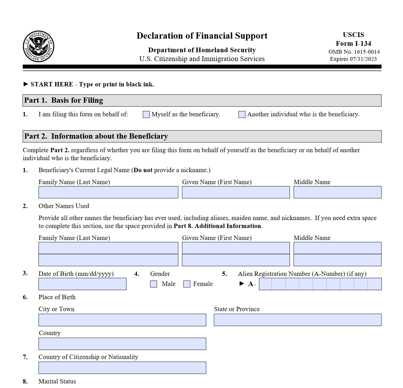Form I 134 Affidavit Of Support Forms Docs 2023