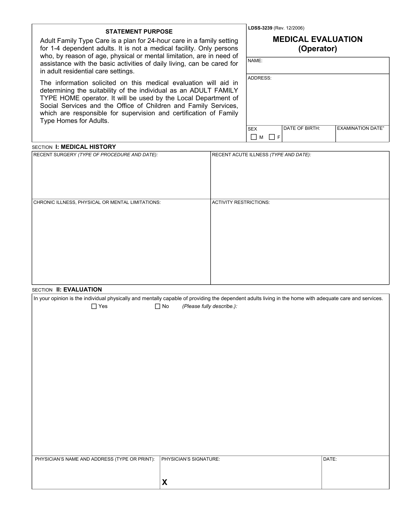 LDSS-3239. Medical Evaluation (Operator) | Forms - Docs - 2025