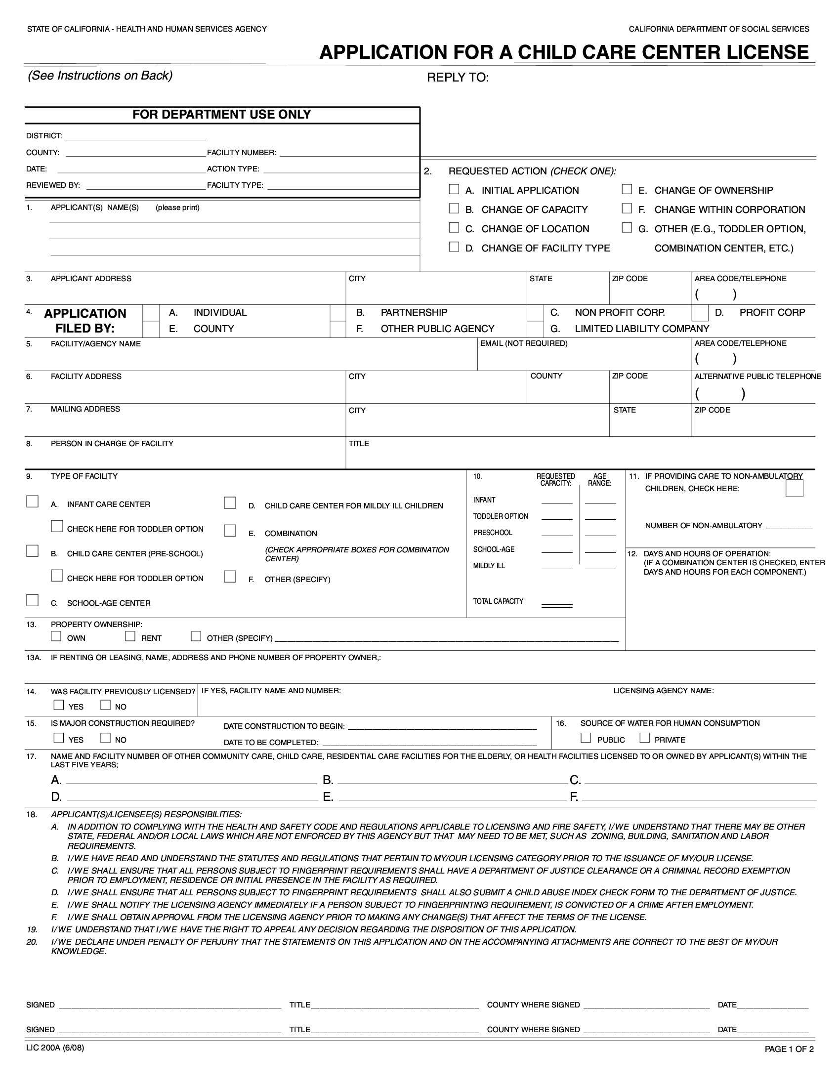 Form LIC 200A Application For A Child Care Center License Forms Form LIC 200A Application For A Child Care Center License Forms