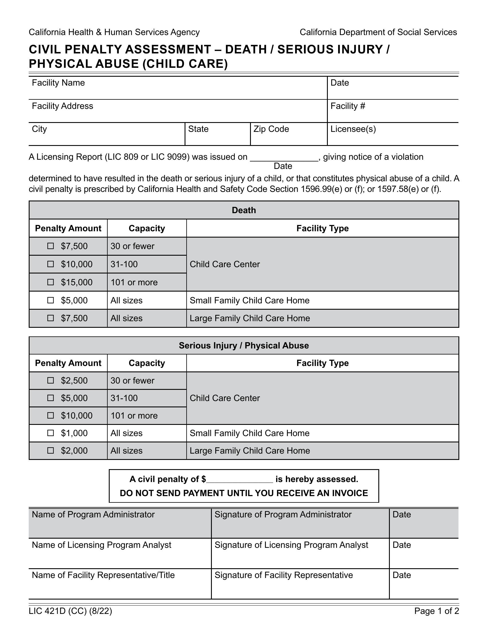 Form LIC 421D (CC). Civil Penalty Assessment - Death/Serious Injury ...