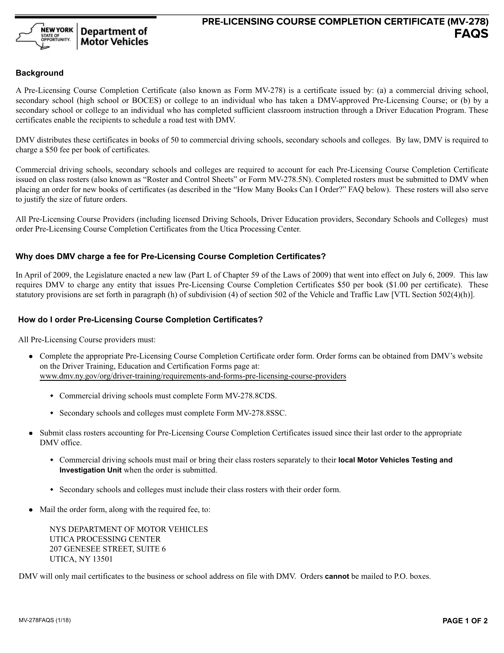 NYS DMV Form MV 278FAQs Pre Licensing Course Completion Certificate NYS DMV Form MV 278FAQs Pre Licensing Course Completion Certificate