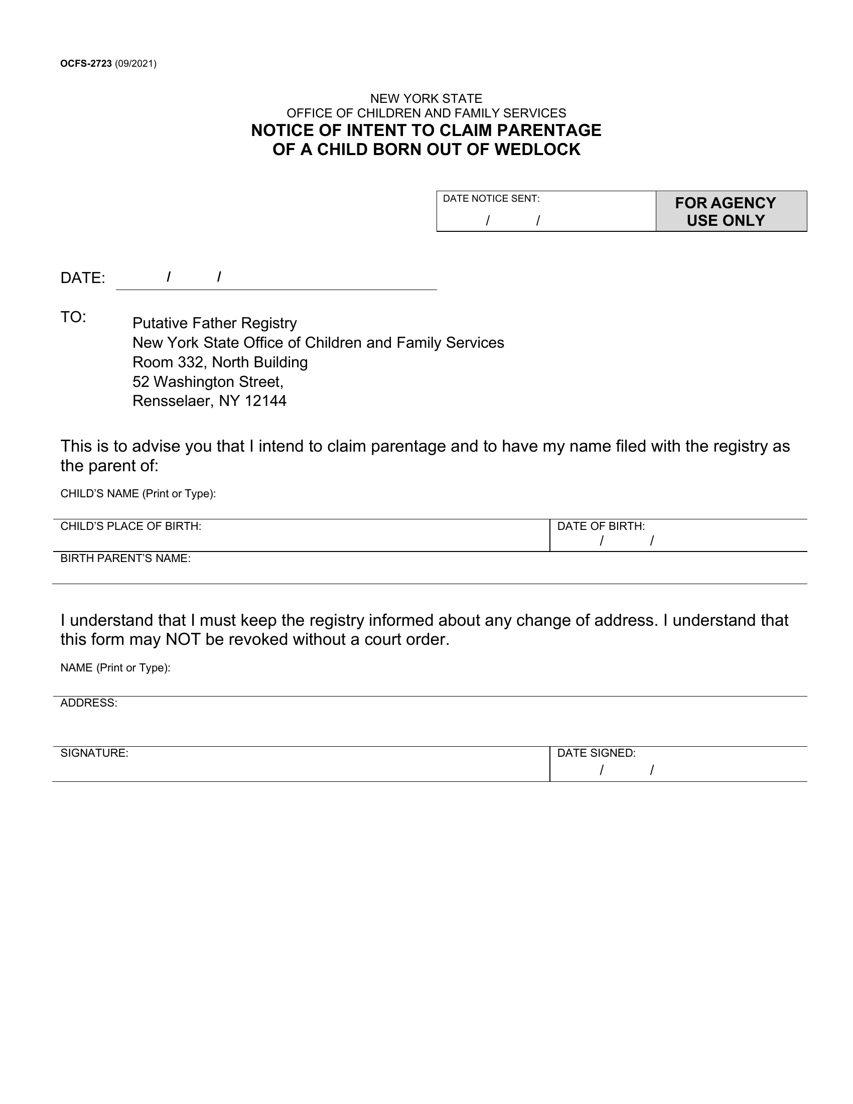 OCFS 2723 Notice Of Intent To Claim Parentage Of A Child Born Out Of Wedlock Forms Docs 2023