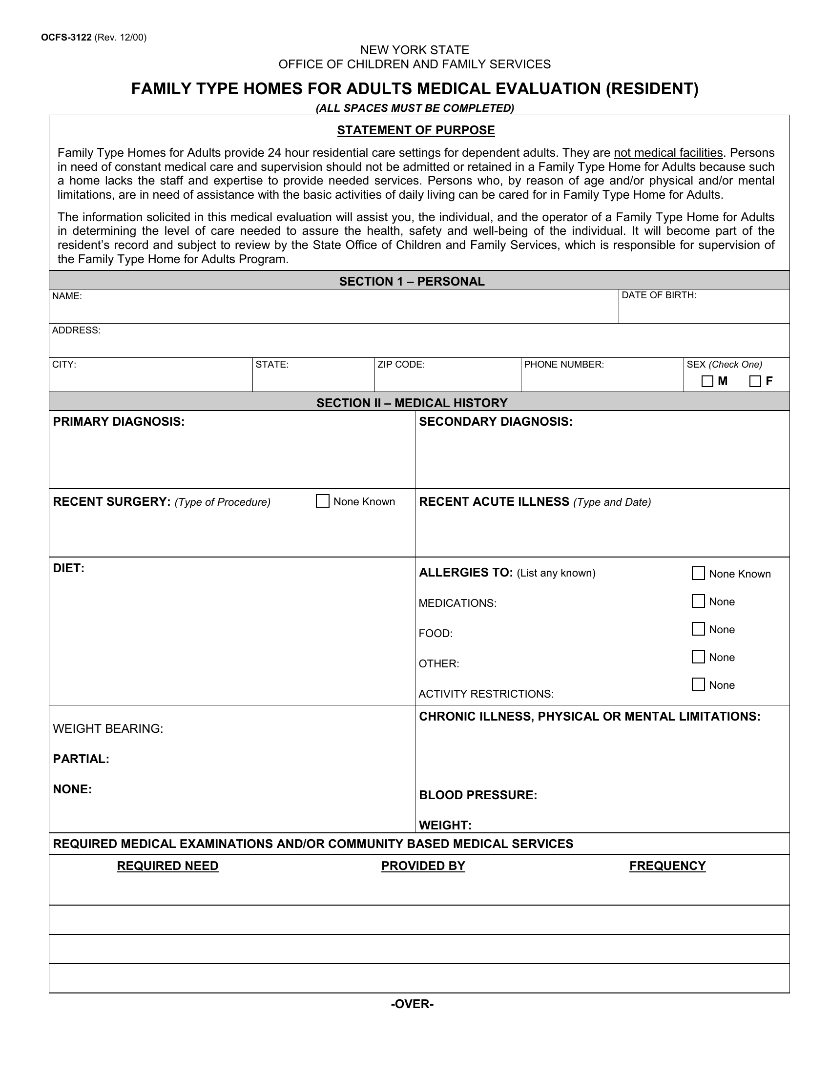 OCFS-3122. Family Type Homes for Adults - Medical Evaluation (Resident ...