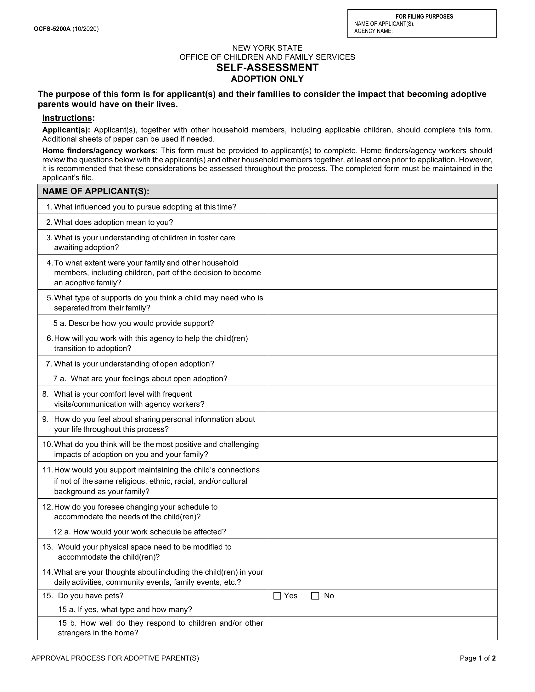 OCFS 5200A Self Assessment Adoption Only Forms Docs 2023