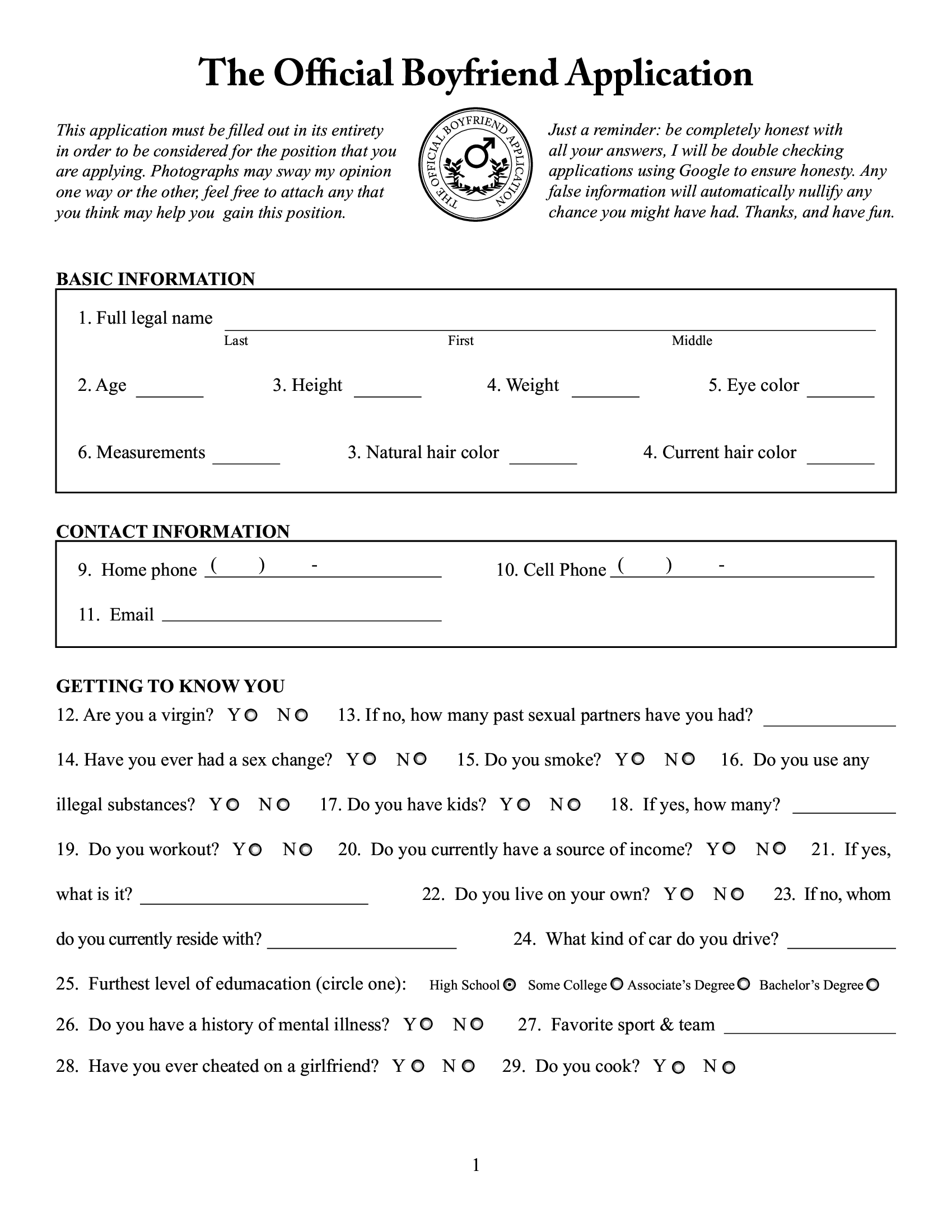 Boyfriend Application Form Forms Docs 2023