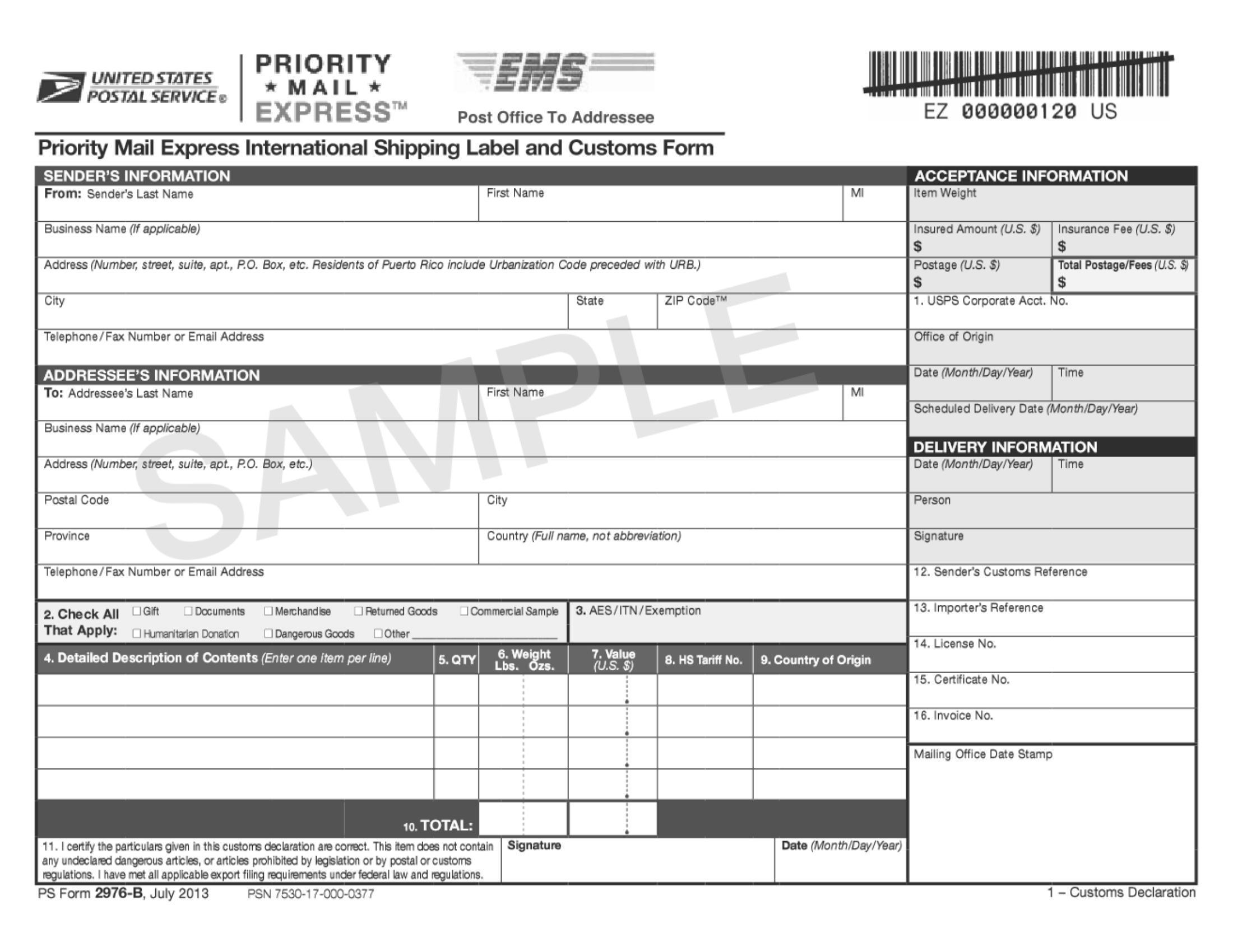 PS Form 2976 B Priority Mail Express International Shipping Label And PS Form 2976 B Priority Mail Express International Shipping Label And