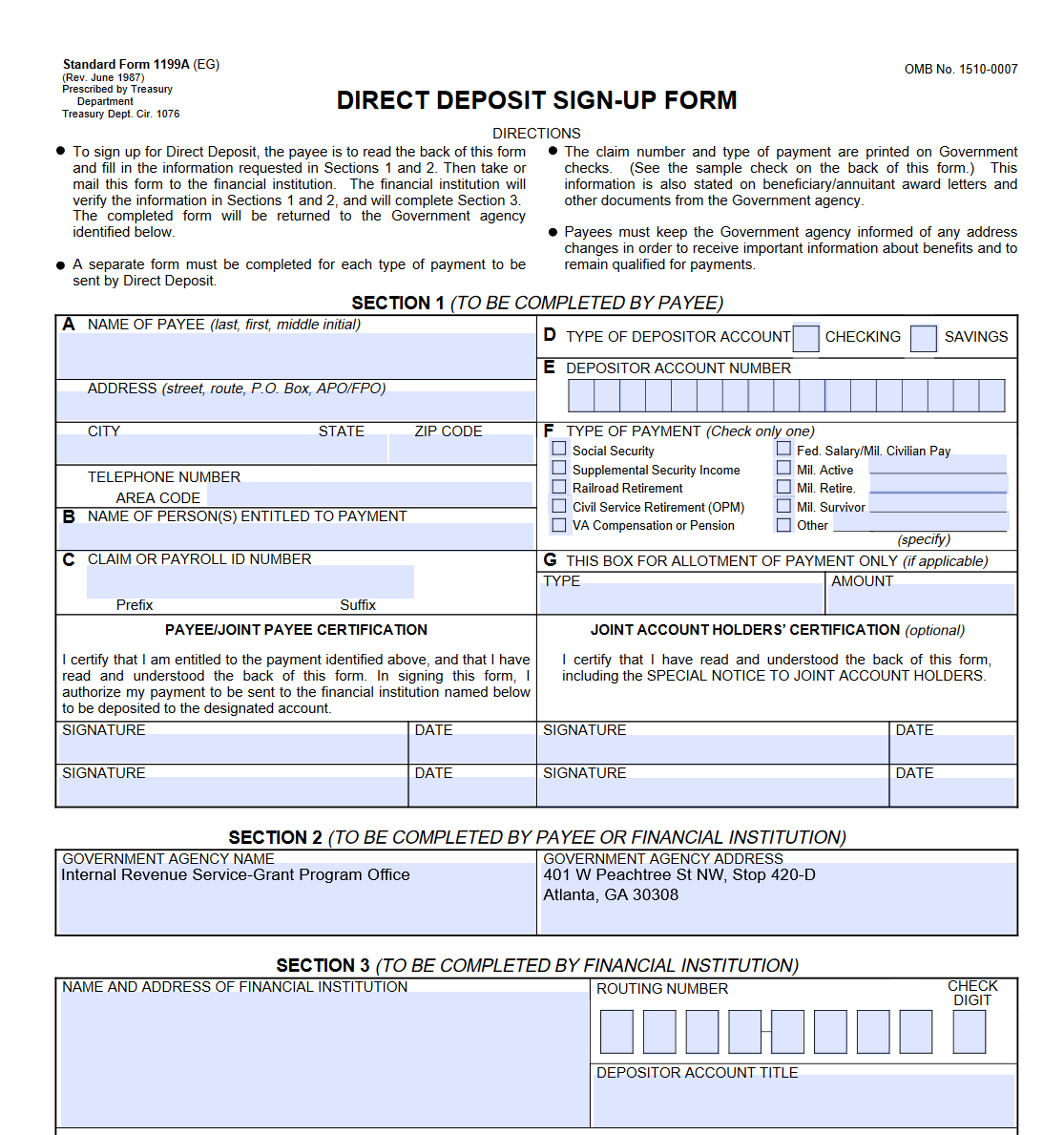 SF 1199A Direct Deposit Sign Up Form Forms Docs 2023