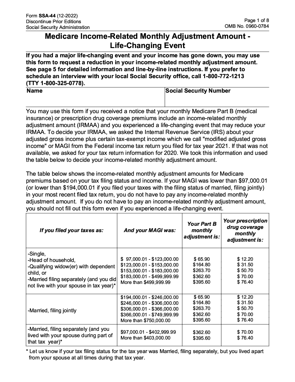 Form SSA 44 Medicare Income Related Monthly Adjustment Amount IRMAA 