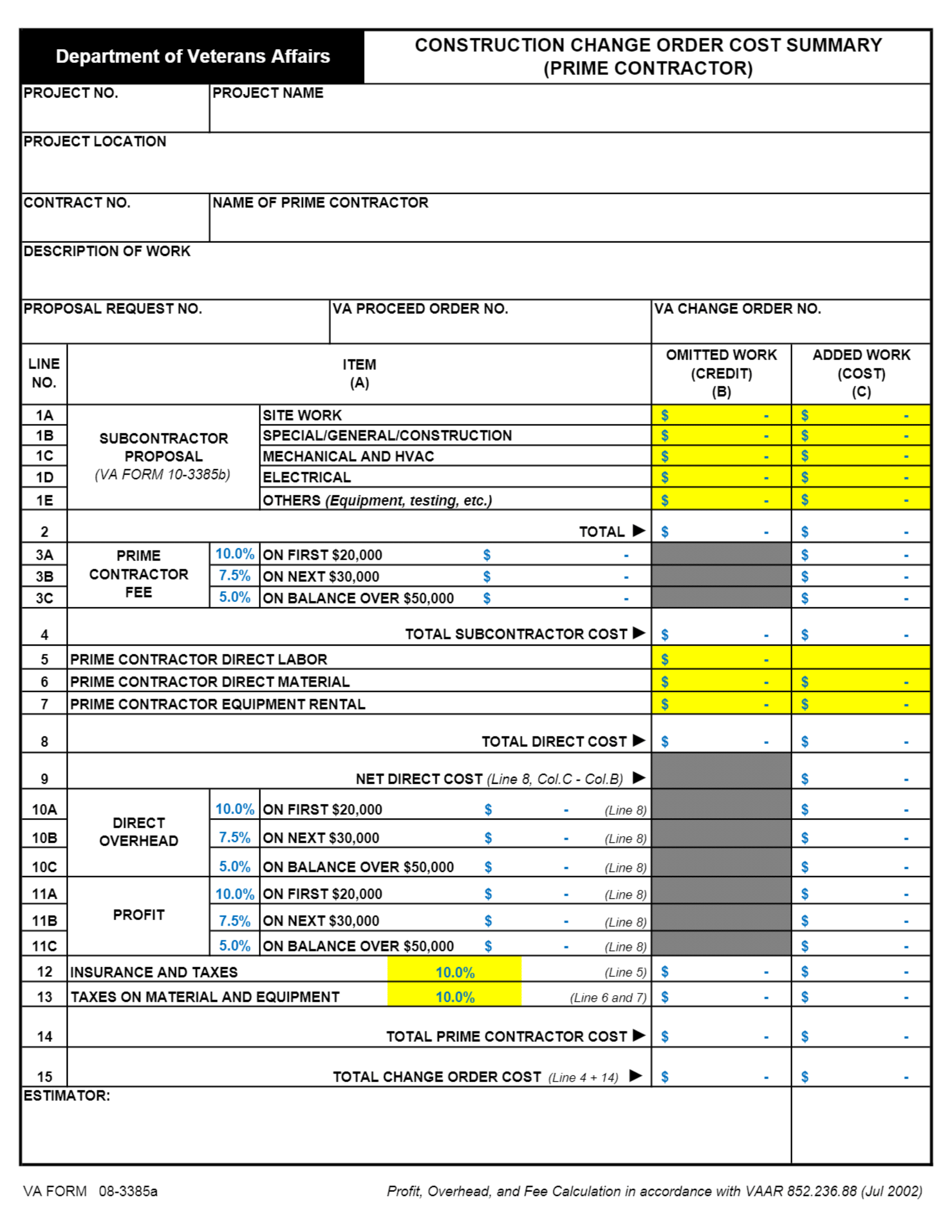 VA Form 08 3385a Construction Change Order Cost Summary Prime